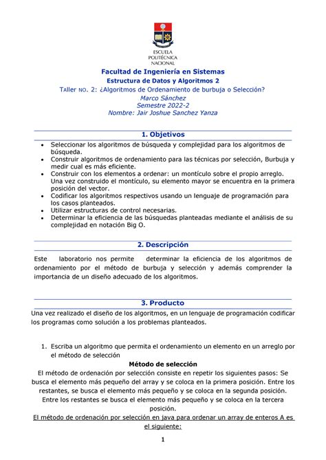 Taller 02 Algoritmos Ordenamiento Sanchez Jair Facultad De Ingeniería En Sistemas Estructura