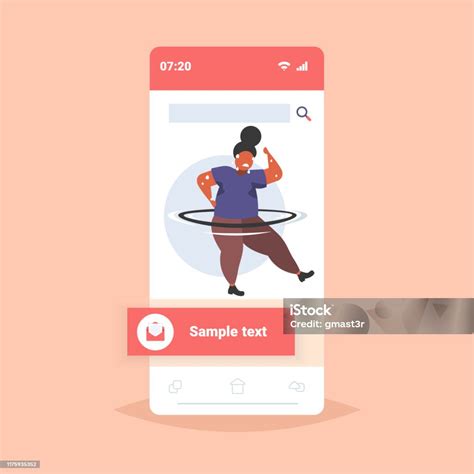 뚱뚱한 뚱뚱한 소녀 비틀기 훌라 후프 과체중 아프리카 계 미국인 땀 여자 심장 훈련 운동 체중 감소 개념 스마트 폰 화면 온라인 모바일 앱 평면 전체 길이 가공의 인물에