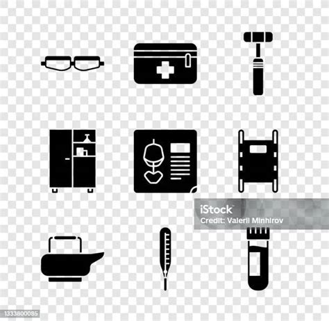 설정 안전 고글 안경 응급 처치 키트 신경학 반사 망치 베드팬 의료 온도계 혈액테스트 튜브 의학 캐비닛 및 X 선 샷 아이콘