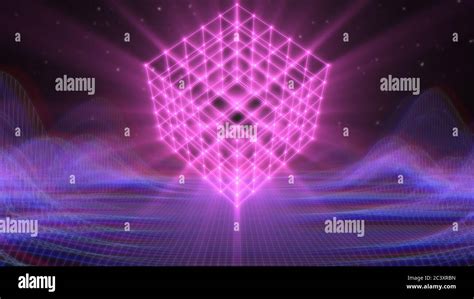 Retro Synthwave 3d Laser Wireframe Cube Rotating Over 80s Neon Grid Abstract Background