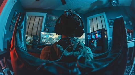 Premium Photo A Gamer Wearing Headphones Sits In Front Of A Computer And Plays A Video Game