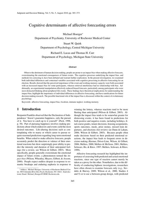 Pdf Cognitive Determinants Of Affective Forecasting Errors