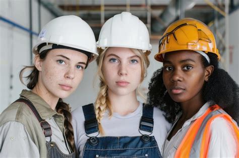 Three Young Female Engineers In Work Attire Looking Determinedly Into The Camera Premium Ai