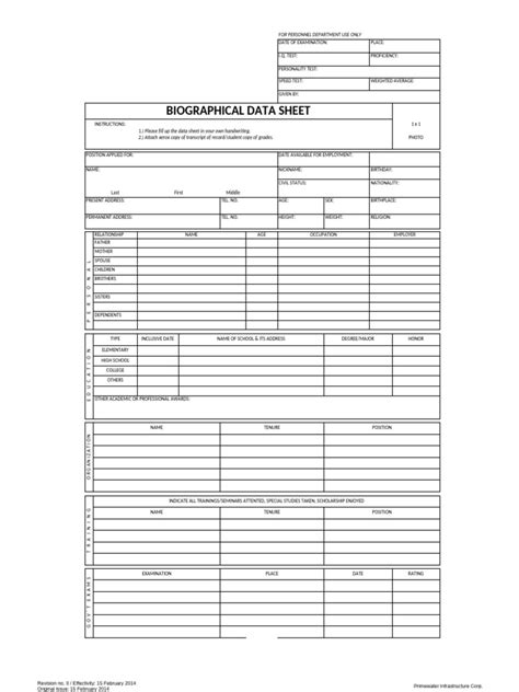 Biographical Data Sheet Rev0 Pdf