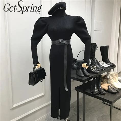 Getвесеннее женское платье с высоким воротом с длинным рукавом вязаное платье темперамент