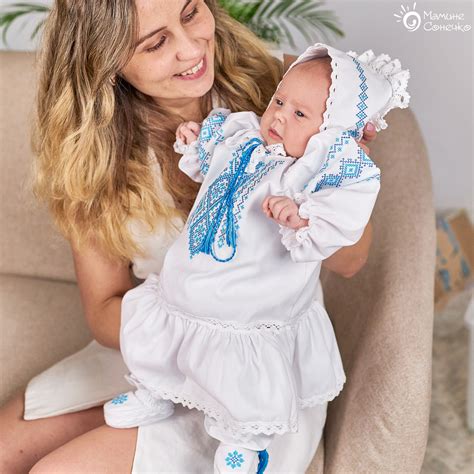 Костюм для хрещення дівчинки Україночка блакитно синя білий льон купити в інтернет магазині