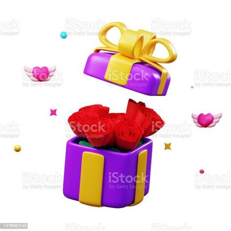 발렌타인 데이 디자인 장식적인 축제 개체가 있는 장미로 가득한 현실적인 선물 상자 열기 생일과 발렌타인 데이 결혼식 서프라이즈 로맨틱 인사말 카드를위한 요소 3d 렌더링 2