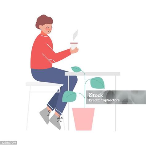 테이블에 앉아 커피를 마시고 말하는 사업가 작업 과정에서 젊은 남자 또는 흰색 배경에 고립 된 벡터 일러스트레이션을 충족 개념에 대한 스톡 벡터 아트 및 기타 이미지