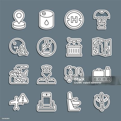 세트 라인 비행기 프로펠러 가방이있는 컨베이어 벨트 세계 여행지도 헬리콥터 착륙 패드 알코올 없음 현대 파일럿 헬멧 위치 및 아이콘 벡터 경계 표지에 대한 스톡 벡터 아트