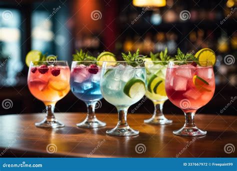 Colorful Gin Tonic Cocktail Alcohol In Wine Glass On Restaurant Bar