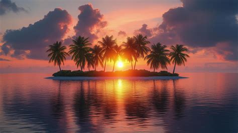 Vibrant Sunset Over A Tropical Island With Palm Trees Reflected In Calm