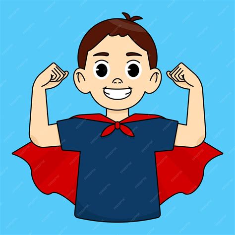 Un Niño Fuerte Y Sonriente Con Una Capa Roja Levanta Los Brazos Y