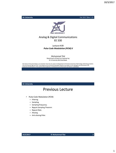 Lecture 09 Pulse Code Modulation Ii Analog Digital Communications EE 330 Lecture 09 Pulse