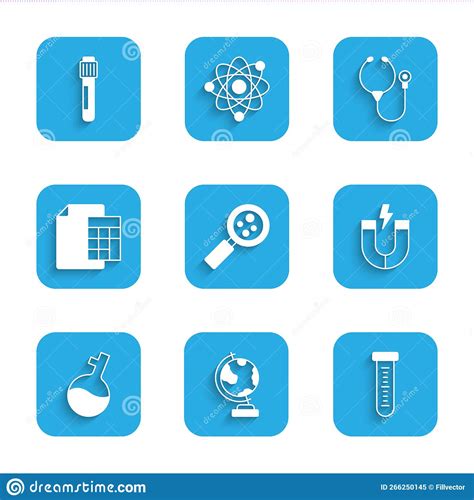 Set Microorganisms Under Magnifier Earth Globe Test Tube Magnet Calculator Stethoscope And