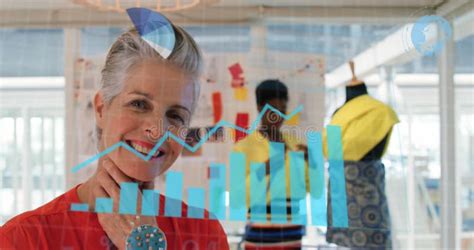 Animation Of Statistical Data Processing Over Portrait Of Caucasian Female Fashion Designer