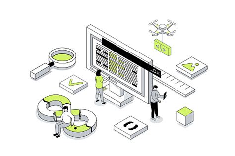 웹용 아웃라인 아이소메트리 설계의 Devops 3d 아이소메트릭 개념 팀으로 의사 소통하고 제품 및 지원 프로그래밍을 위한