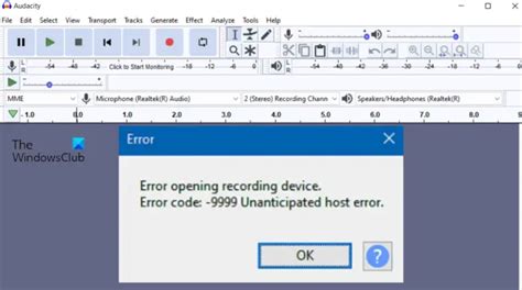 audacity error opening recording device 9999 unanticipated host error