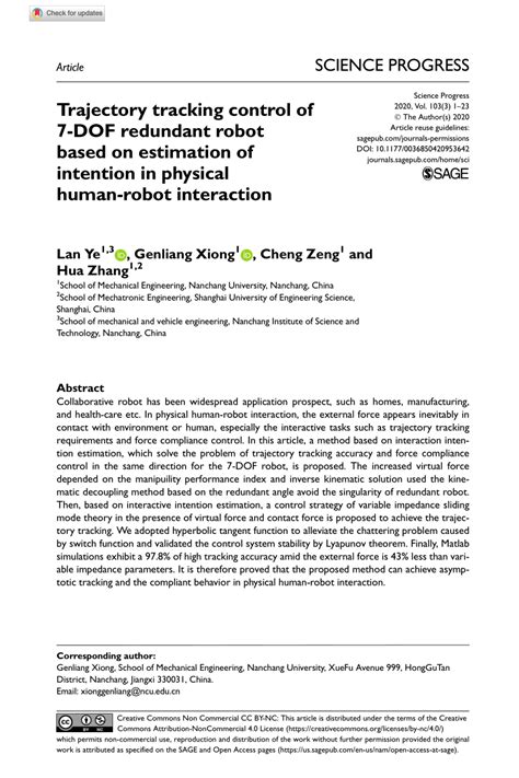 Pdf Trajectory Tracking Control Of 7 Dof Redundant Robot Based On Estimation Of Intention In