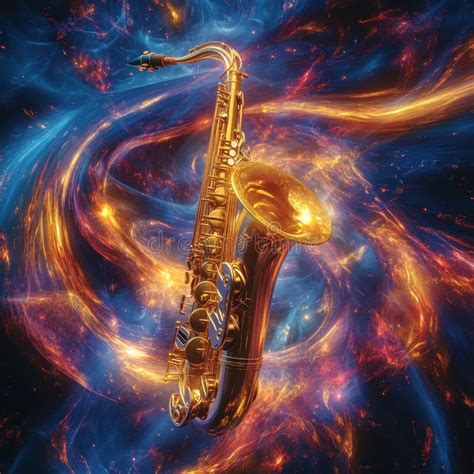Golden Saxophone In Cosmic Space With Colorful Swirling Patterns Stock Illustration