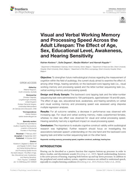 Pdf Visual And Verbal Working Memory And Processing Speed Across The Adult Lifespan The