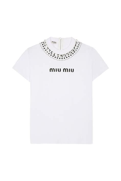 Блуза с отделкой кристаллами и заклёпками Miu Miu Футболка Белый на Babochka Ru Crop Tops