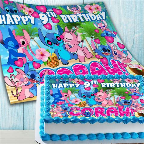 Stitch And Angel Birthday Themed Edible Cake Topper Rectangular Desi