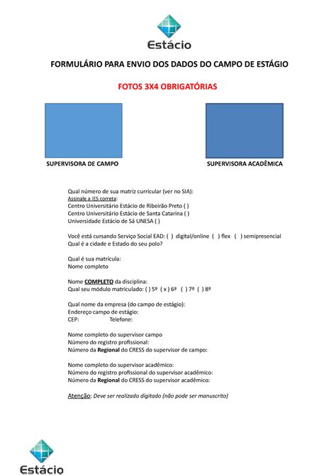 Formul rios de est gio em word FORMULÁRIO PARA ENVIO DOS DADOS DO CAMPO DE ESTÁGIO FOTOS 3X4