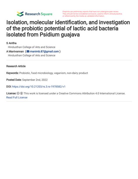 Pdf Isolation Molecular Identification And Investigation Of The Probiotic Potential Of