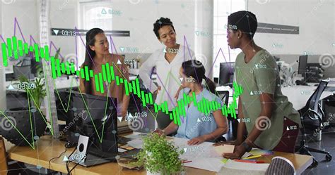 Image Of Green Graph Processing Data Over Diverse Female Colleagues Talking At Casual Office