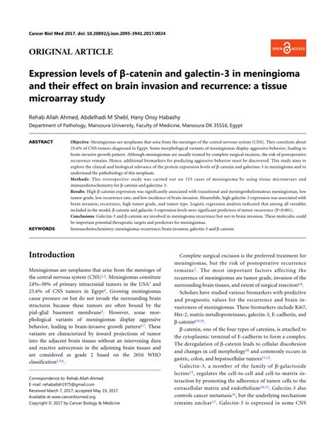 Pdf Expression Levels Of β Catenin And Galectin 3 In Meningioma And