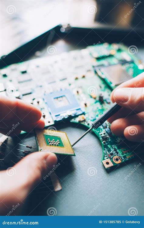 hardware maintenance engineer installing cpu stock image image of