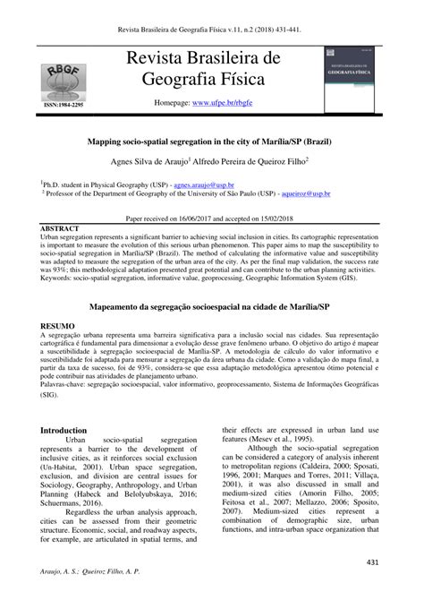 Pdf Mapping Socio Spatial Segregation In The City Of Maríliasp Brazil