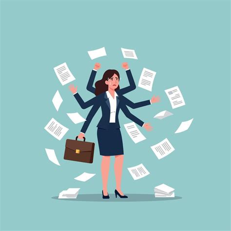 Businesswoman Managing Multiple Tasks In A Flat Illustration With Papers Flying Around Her