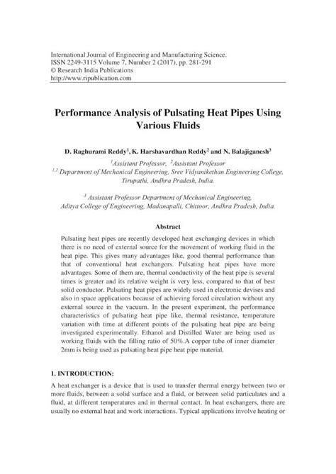pdf performance analysis of pulsating heat pipes using various the