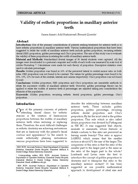 Validity Of Esthetic Proportions In Maxillary Anterior Teeth Pdf Human Tooth Dentistry