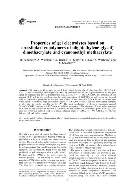 Pdf Properties Of Gel Electrolytes Based On Crosslinked Copolymers Of Oligoethylene Glycol