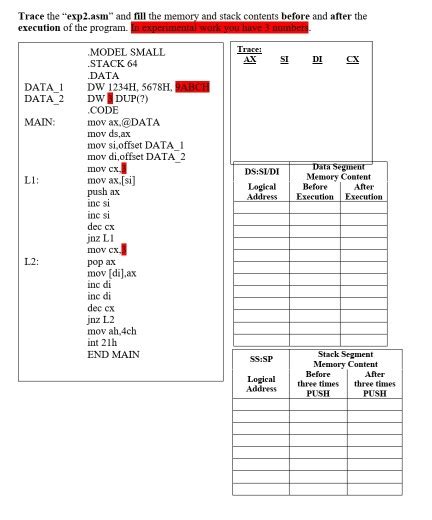 Solved Trace The Exp2asm And Fill The Memory And Stack