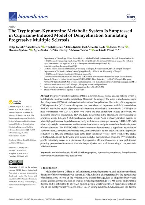 Pdf The Tryptophan Kynurenine Metabolic System Is Suppressed In Cuprizone Induced Model Of