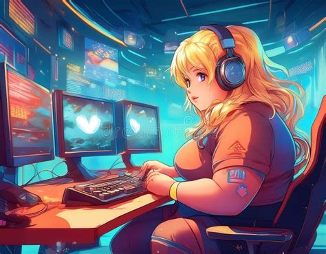 Woman Playing Video Games And Coding Software In Anime Style
