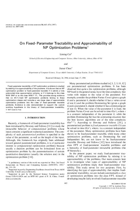 pdf on fixed parameter tractability and approximability of np