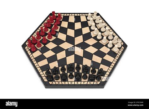 Three Players Hexagonal Chessboard with Chess on a white background. 3d ...