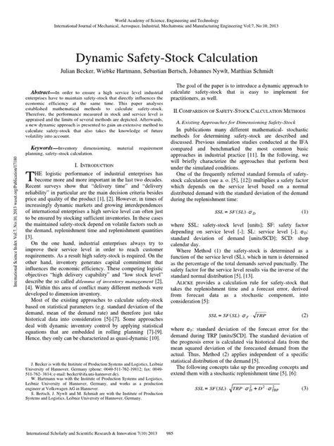 Dynamic Safety Stock Calculation Pdf Forecasting Standard Deviation