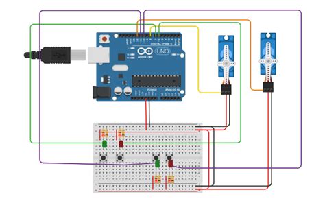 circuit design control dos servos cuatro botones tinkercad