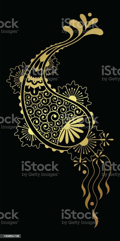 검은 색 배경에 소용돌이와 황금 민족 인도 페이즐리 패턴 0명에 대한 스톡 벡터 아트 및 기타 이미지 0명 강렬하고 밝은
