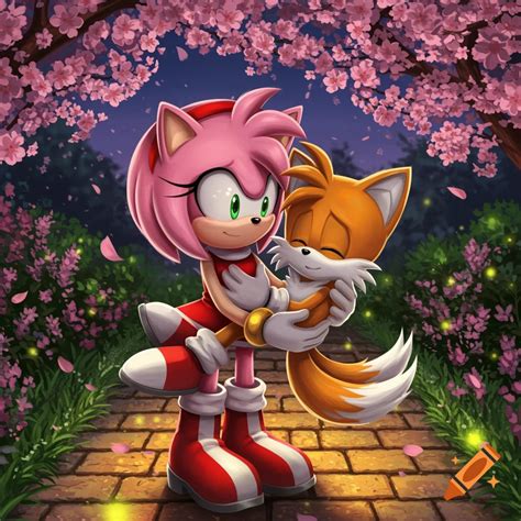 Amy Rose And Tails Embracing Under A Pink Cherry Blossom Tree On A