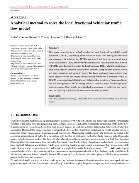 Pdf Article Type Analytical Method To Solve The Local Fractional Vehicular Traffic Flow Model