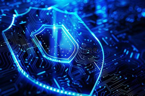 Circuit Board Shield Futuristic Security Neon Blue Glow Network Technology Abstract Stock