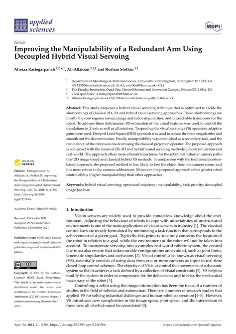 Pdf Improving The Manipulability Of A Redundant Arm Using Decoupled Hybrid Visual Servoing