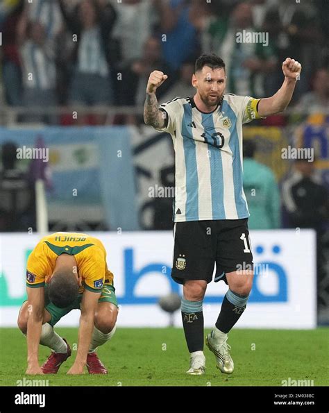 Argentinas Lionel Messi Right Celebrates As Australias Mitchell