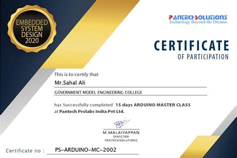 Completed 15 Days Arduino Master Class At Pantech Solutions Pvt Ltd Pantech Prolabs India